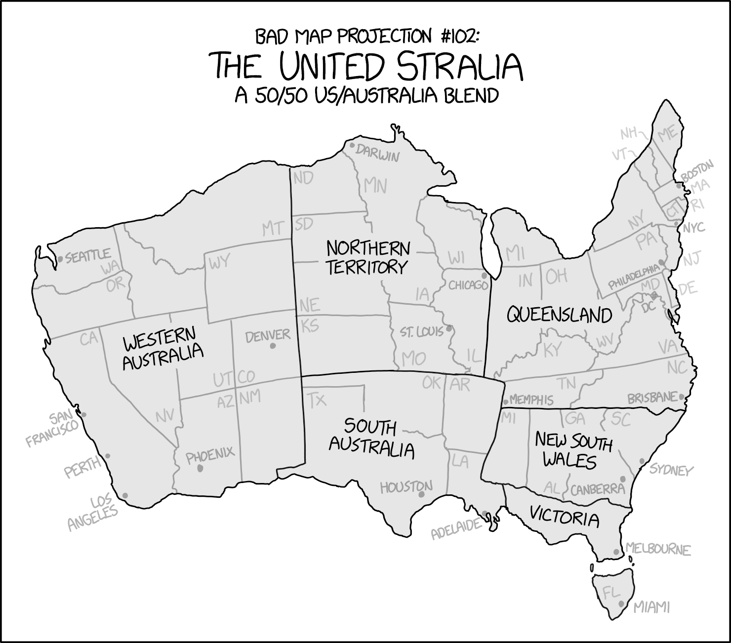 2999: Bad Map Projection: The United Stralia - explain xkcd